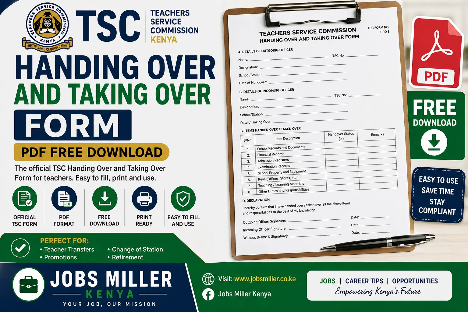 TSC Handing Over and Taking Over Form PDF Free Download - Jobs Miller Kenya