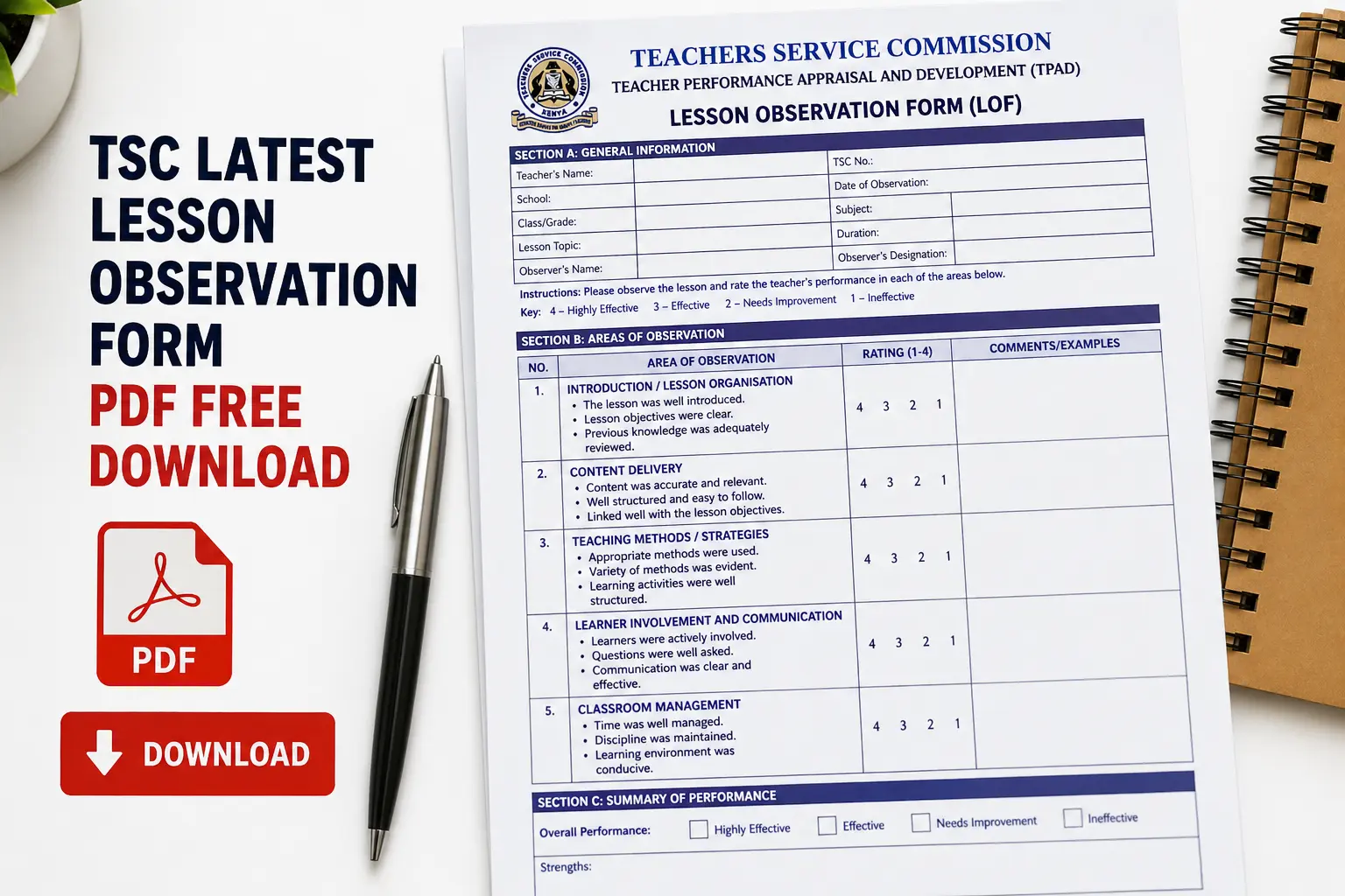 TSC Latest Lesson Observation Form PDF Free Download - Jobs Miller Kenya